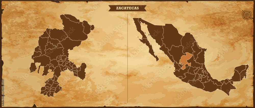 Zacatecas state map, Mexico map with federal states in A vintage map ...