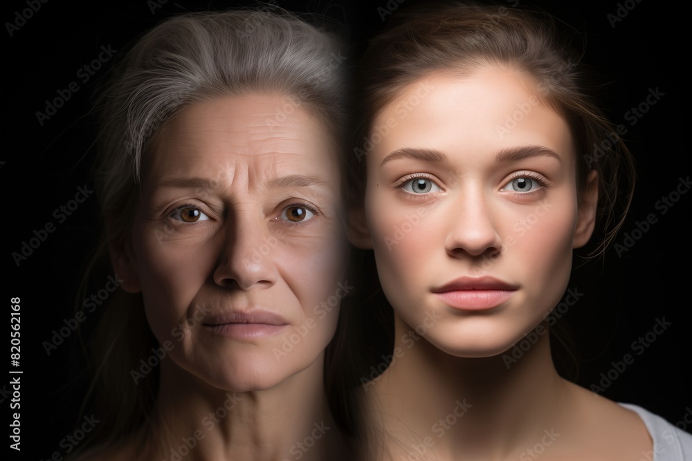 A splitscreen portrait shows the evolution from smooth skin to wrinkles ...