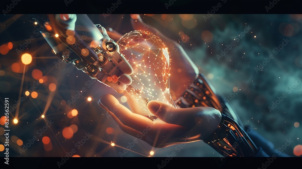 AI Machine learning Hands of robot and human touch on big data network Brain data creative in ...