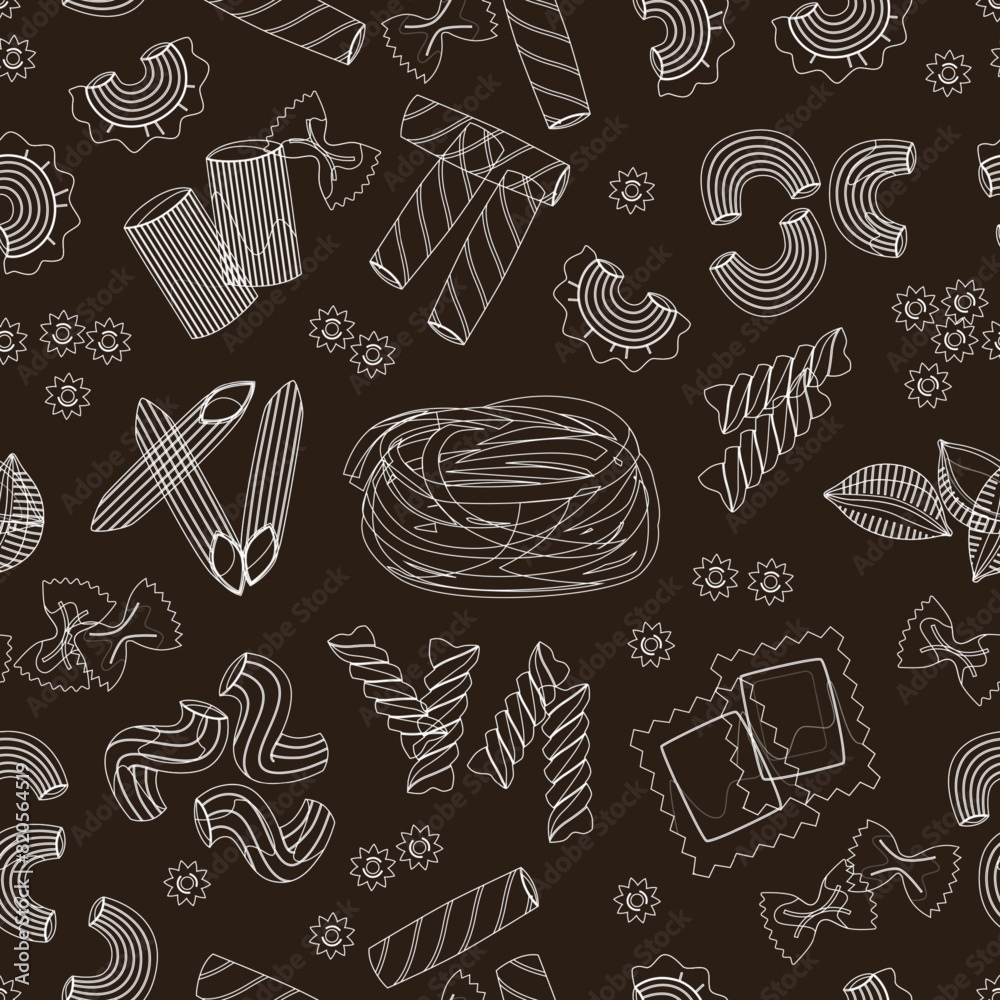 Pasta pattern. Seamless texture with white hand drawn macaroni ...