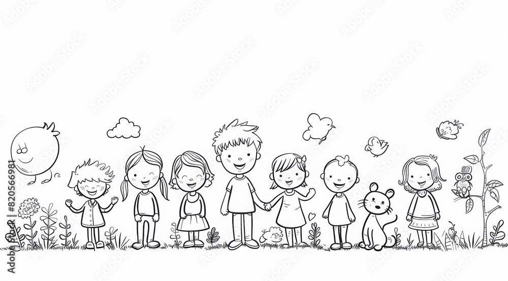A simple coloring line drawing of children playing the roles of ...