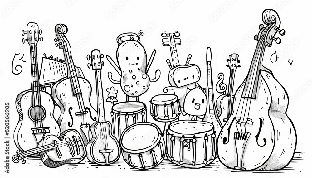 ภาพประกอบสต็อก A simple coloring line drawing of Instruments: guitars ...