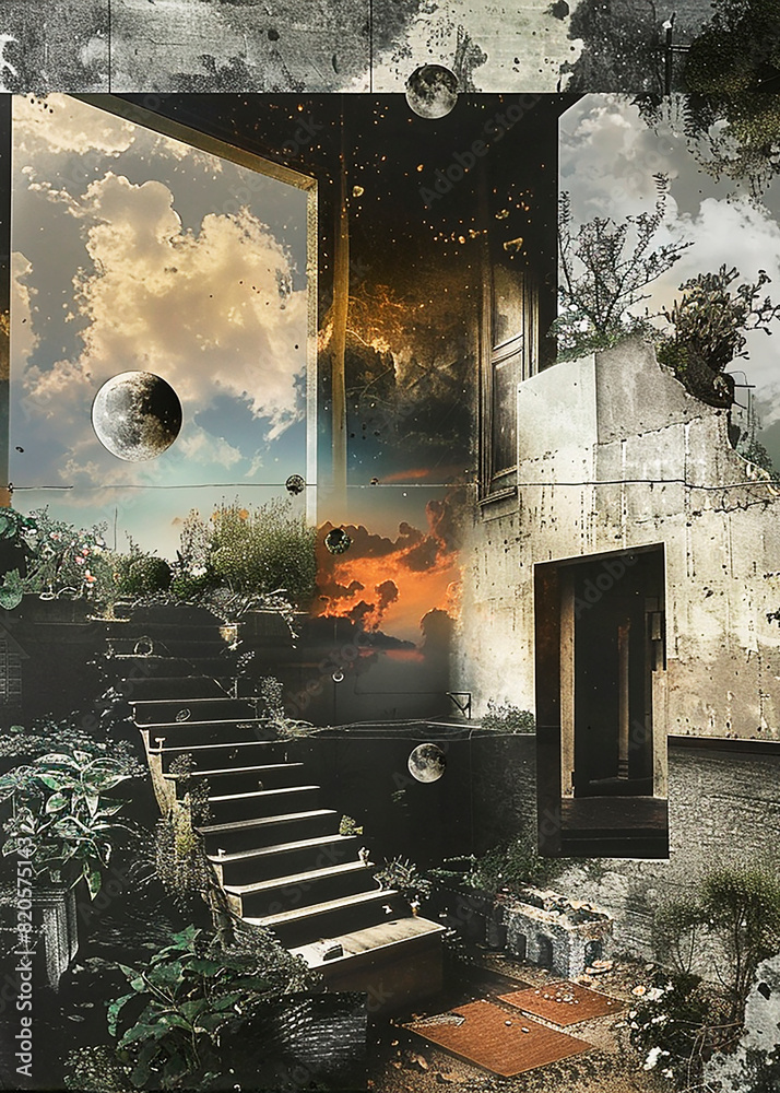 : A juxtaposition of urban decay and lush nature, with overgrown plants ...