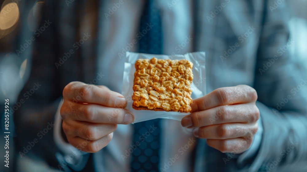 Professional setting with hands holding a healthy snack package, hands ...