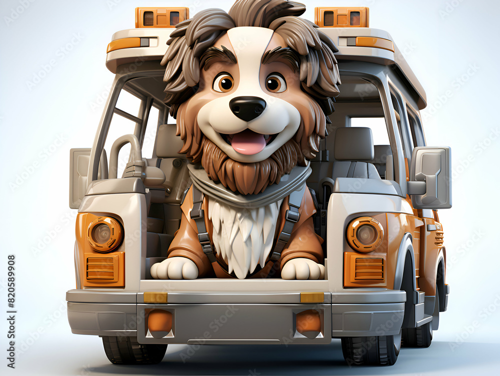 Cartoon dog driving a school bus on a white background. 3d rendering ...