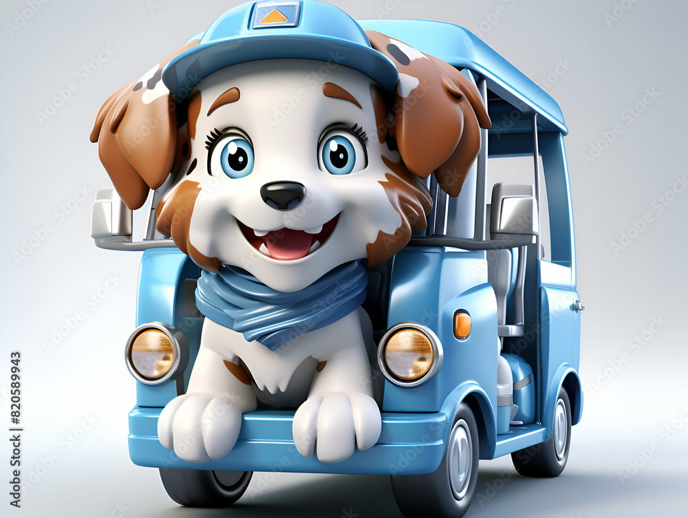 Cartoon dog with a driver's cap and blue bus on a gray background Stock ...
