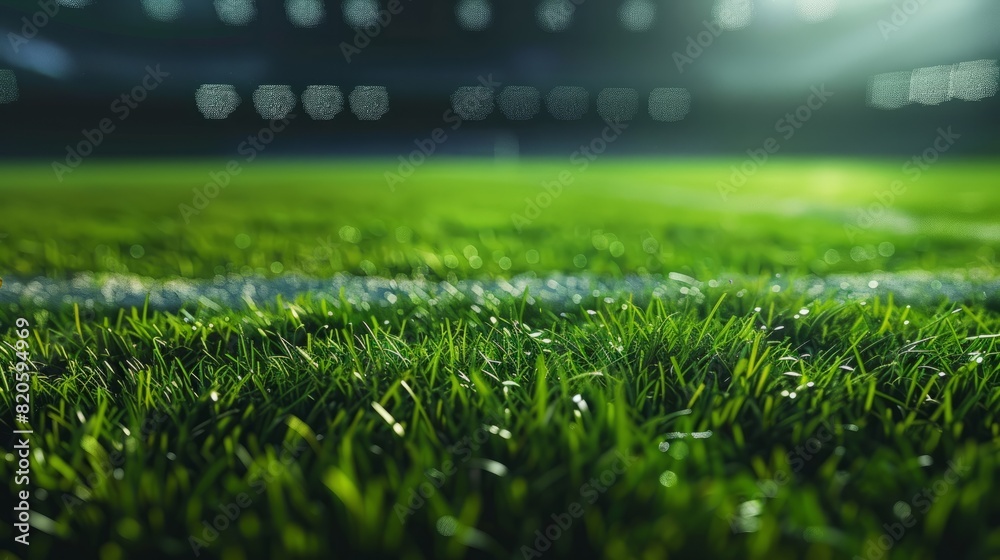 Green grass macro in sports arena. with lights background. Close up of ...