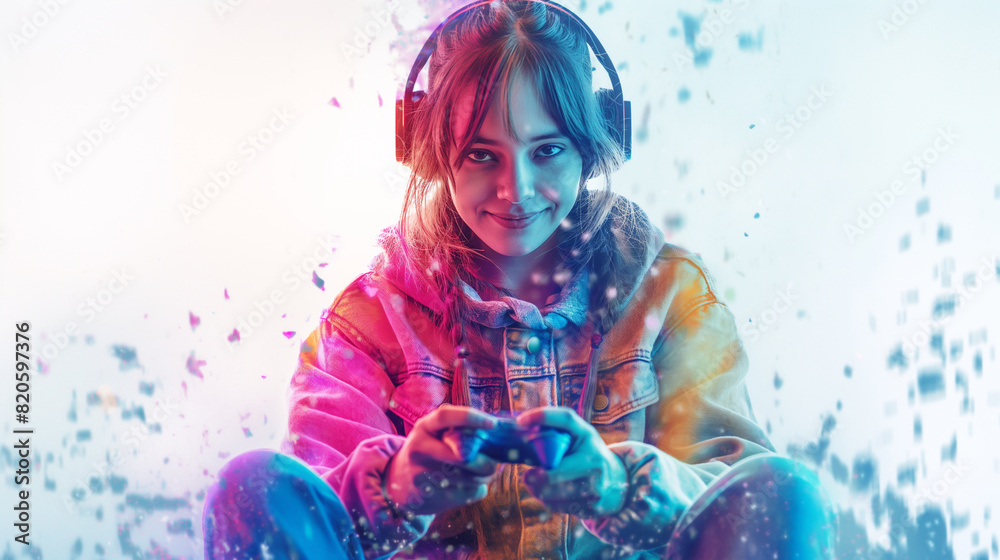 Double exposure, Girl gamer sitting on chair playing games with ...
