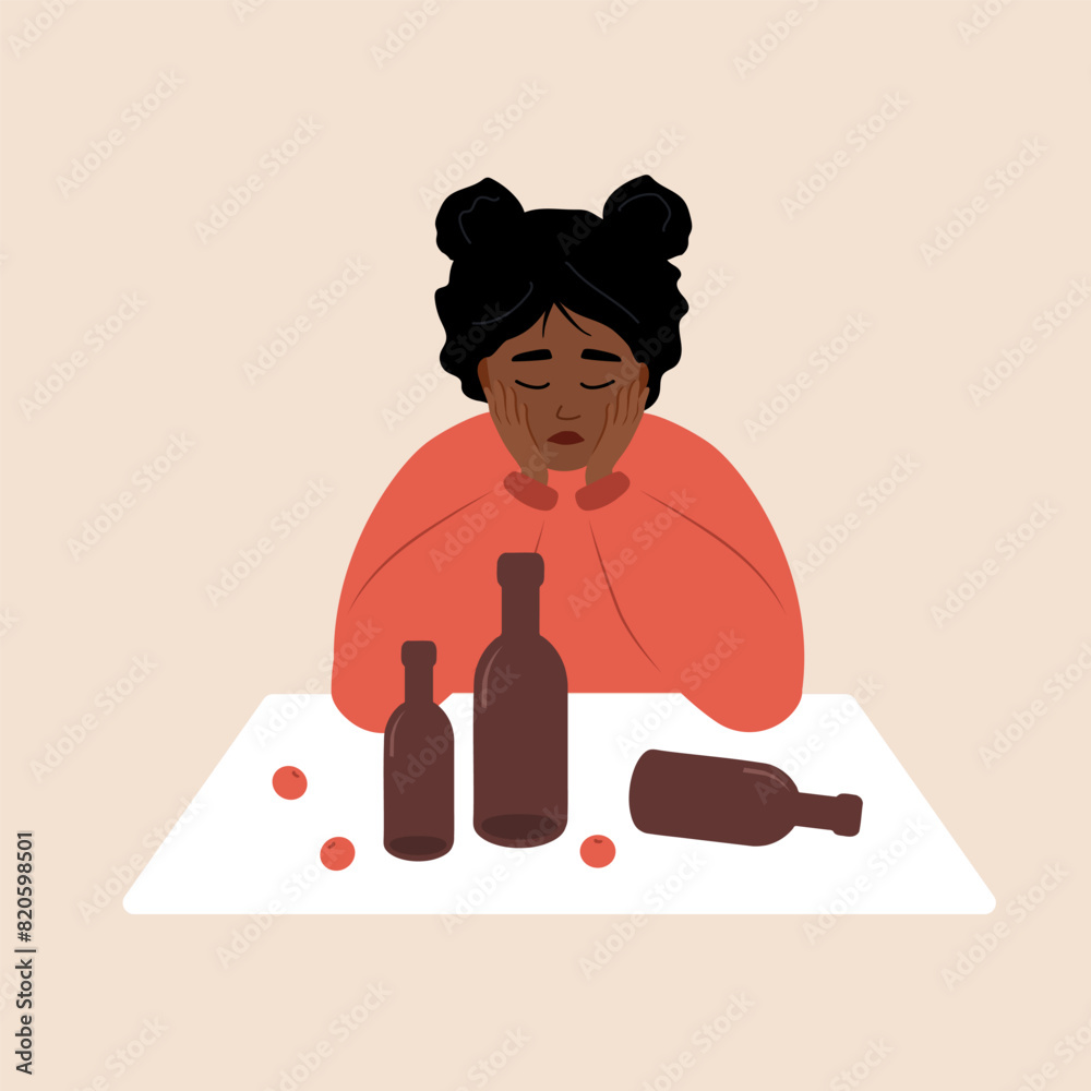 Alcohol abuse. Booze concept. Sad african girl sitting at table and ...