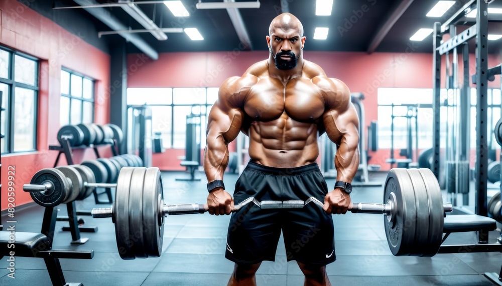 A powerful bodybuilder with a muscular physique in a gym lifting a ...