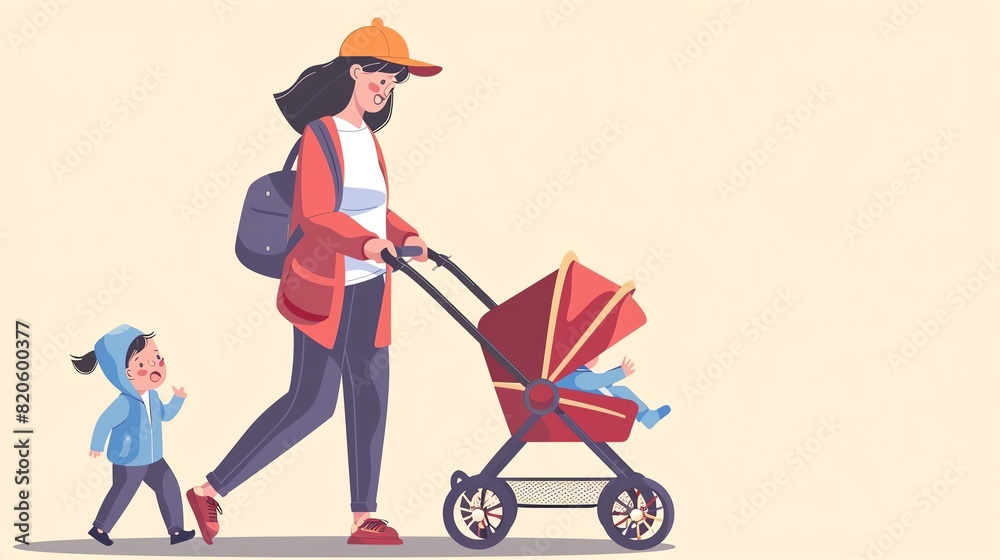 Mother and baby stroller flat design side view outing theme cartoon ...