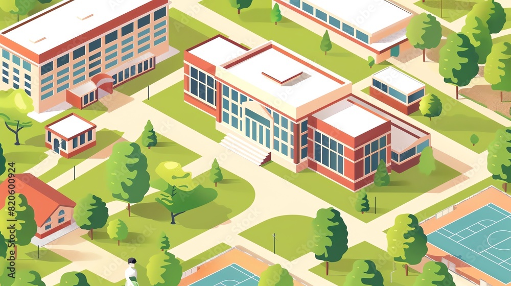 isometric illustration of a school campus, with trees, pathways and ...