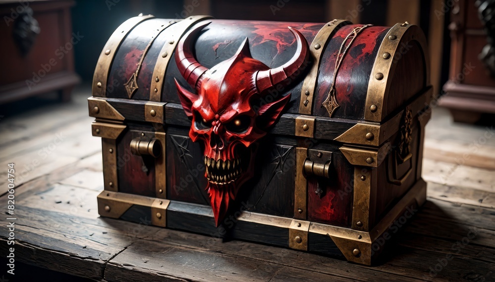 This striking image depicts an ornate treasure chest with a demonic ...