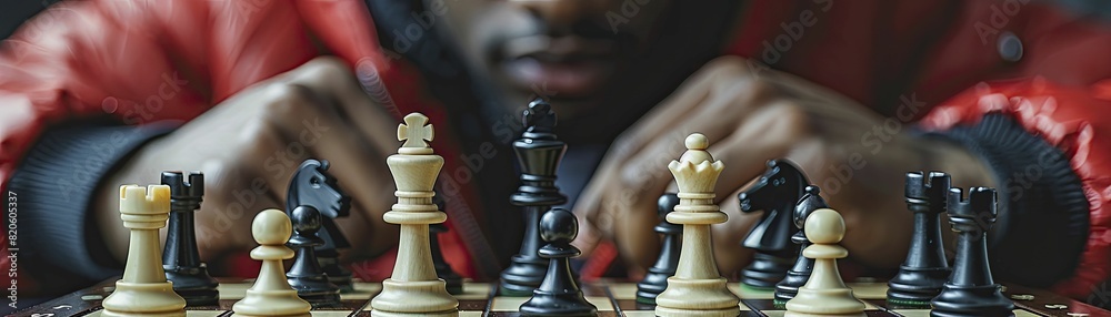 Intense focus shown by a chess player in a tournament, pieces and board ...