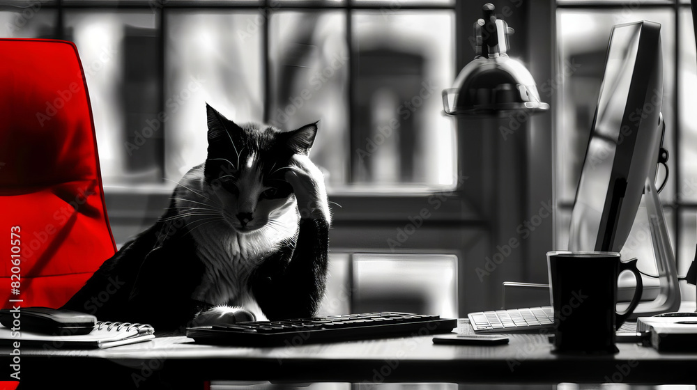 Corporate cat feeling the strain of work overload, gripping his head ...