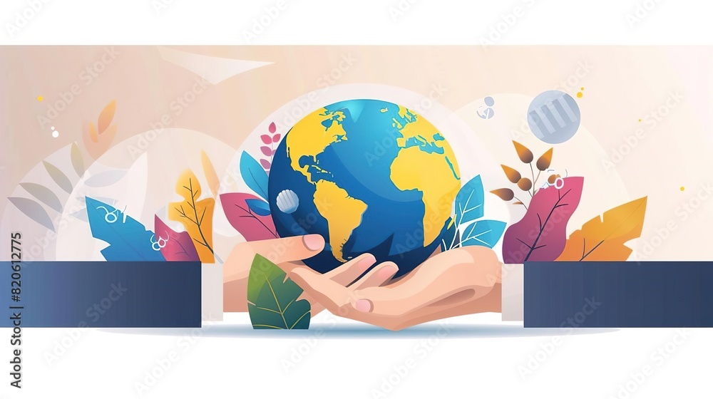 A digital illustration of a hand holding the Earth. The Earth is ...