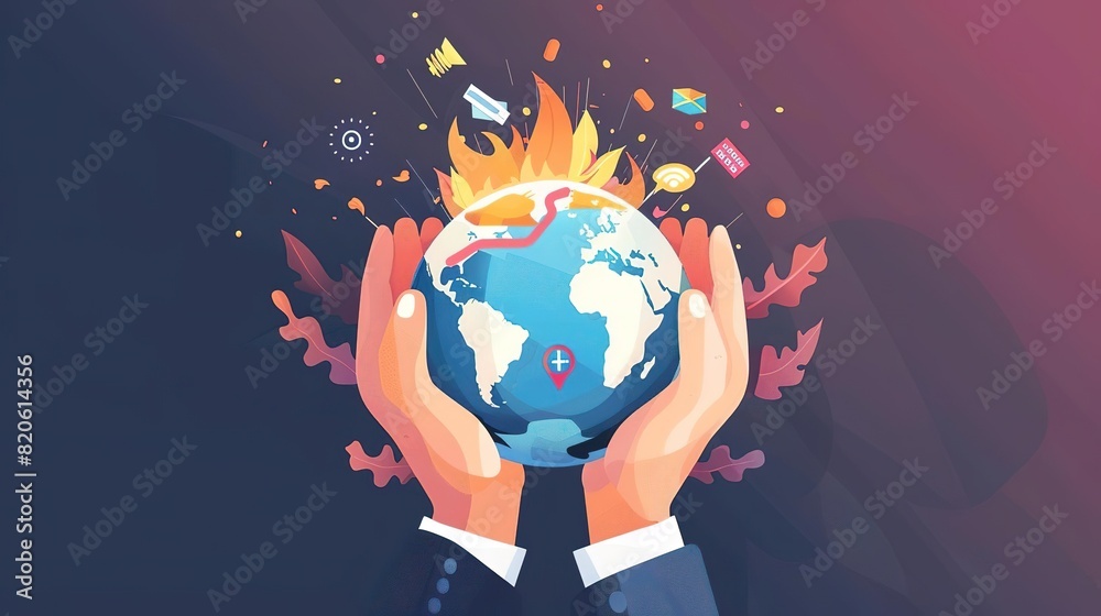 Flaming Earth cradled in hands, dark surroundings, bright firelight ...