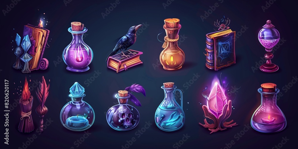 Wizard game icon with magic book ui set. Fantasy medieval halloween ...