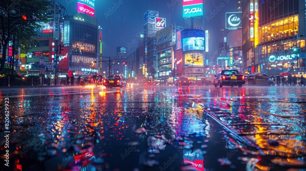 Rain-soaked streets of Tokyo's Shibuya Crossing, vibrant neon lights ...