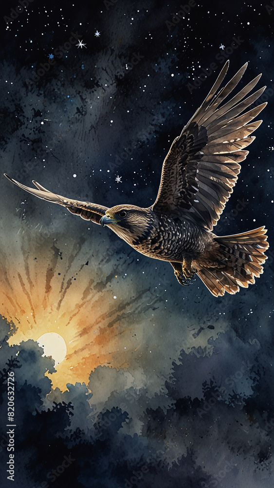 Watercolor painting: A nighthawk sweeping through the night sky, its ...