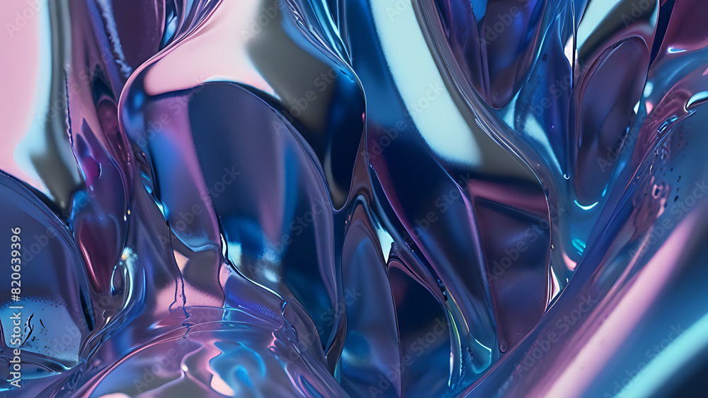 Abstract holographic blue and pink iridescent wavy melted liquid blob ...