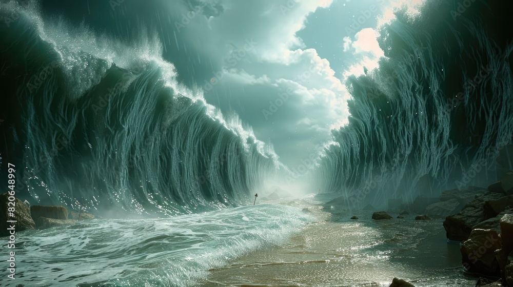 Ocean separate up to form canal. Bible miracle of Moses parting red sea ...