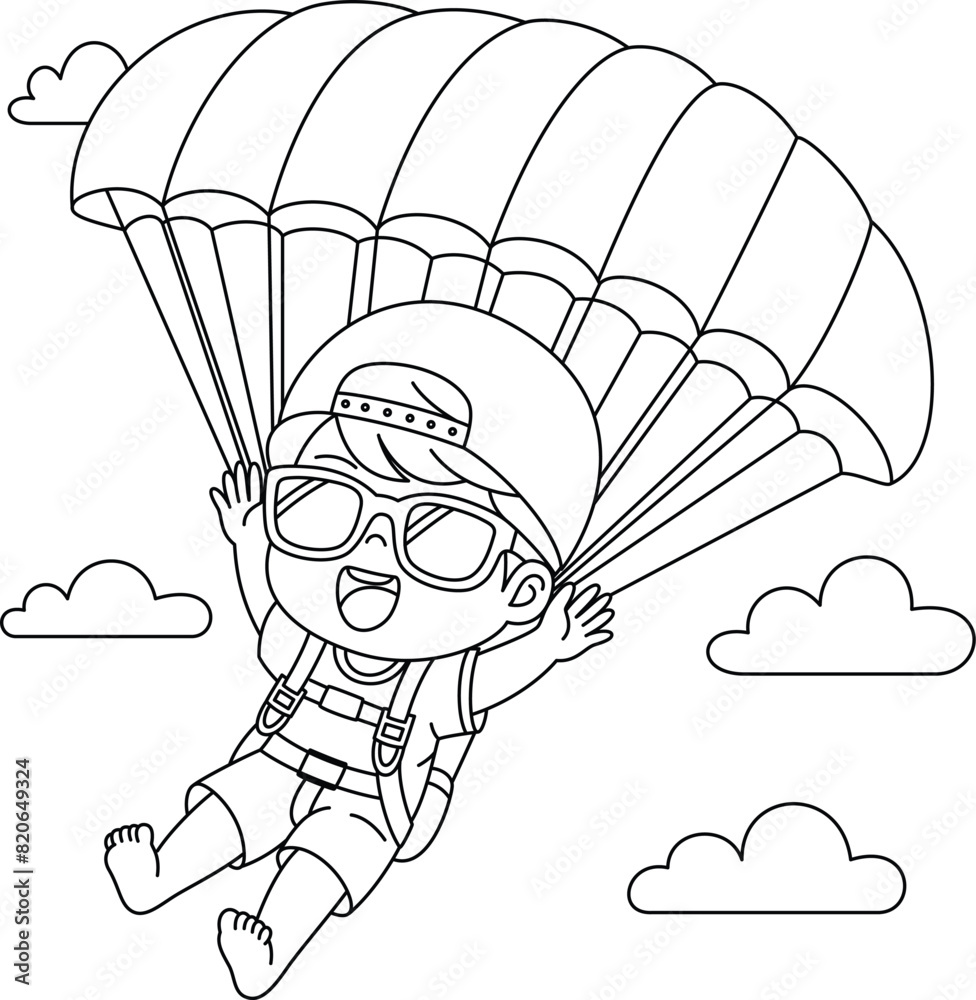 Little boy parachute coloring page for kids, summer outline ...