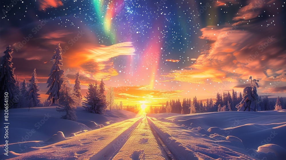 Night, rainbow color and golden sky cross each other, the sky has ...