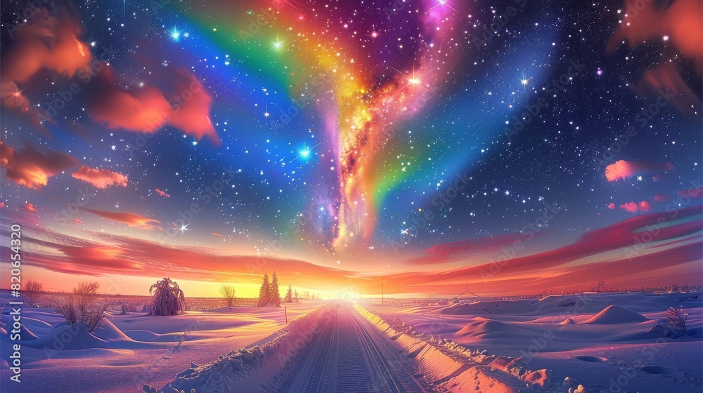 Night, rainbow color and golden sky cross each other, the sky has ...