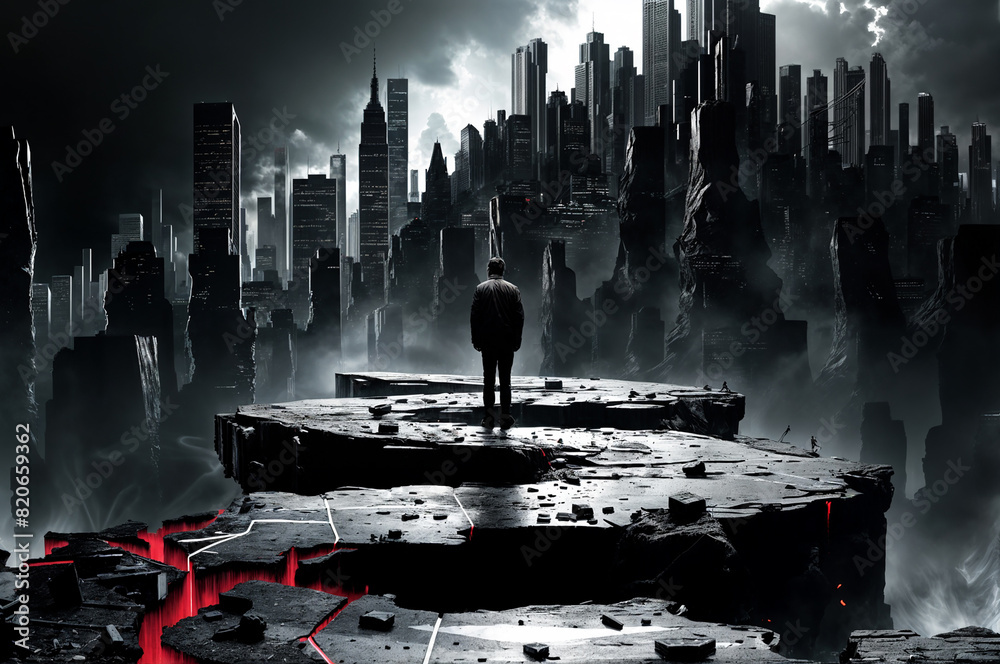 the sillhuette of a man seen from behind standing on the edge of a ...