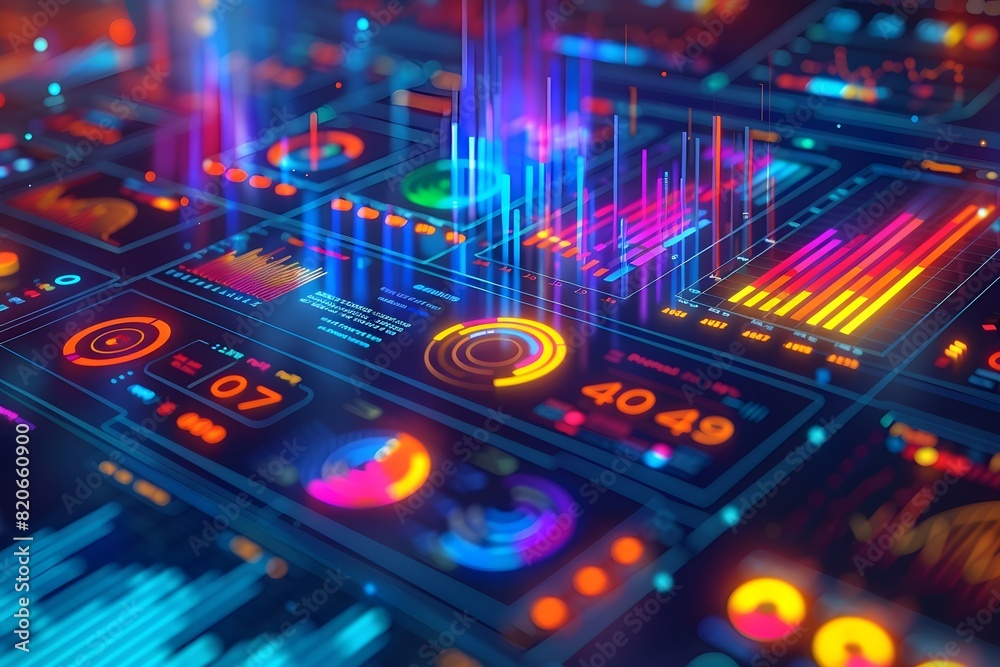 colorful charts, graphs, and diagrams floating in a digital space. data ...