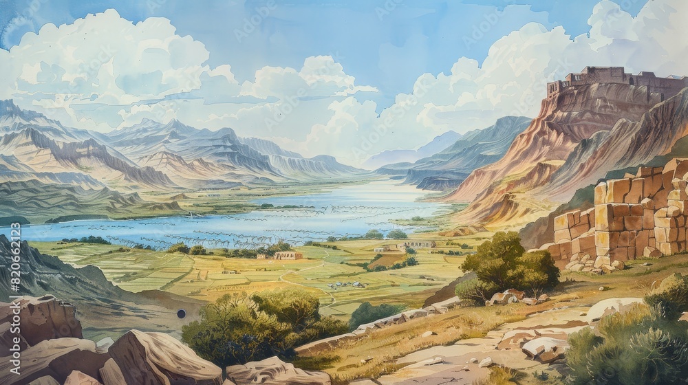 Watercolor Biblical Illustration of The Vision of Ezekiel with the ...