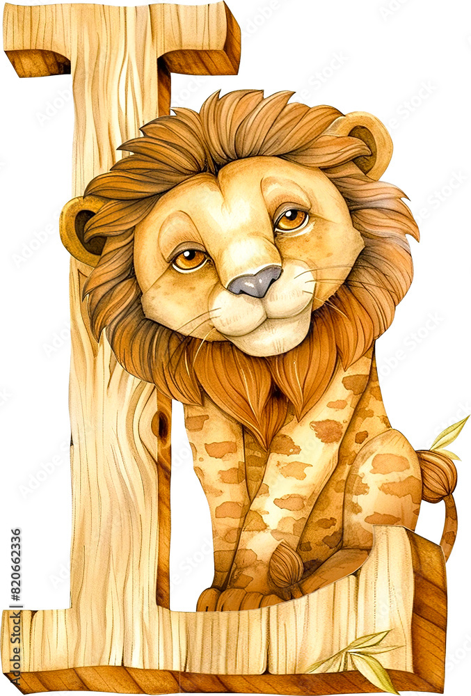 Watercolor letter L with Cute yellow lion white background Stock ...