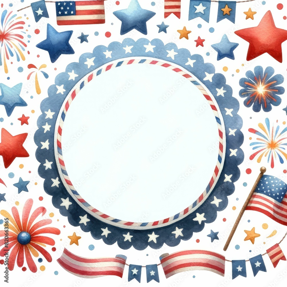 Fourth of July themed border and frame. watercolor illustration ...