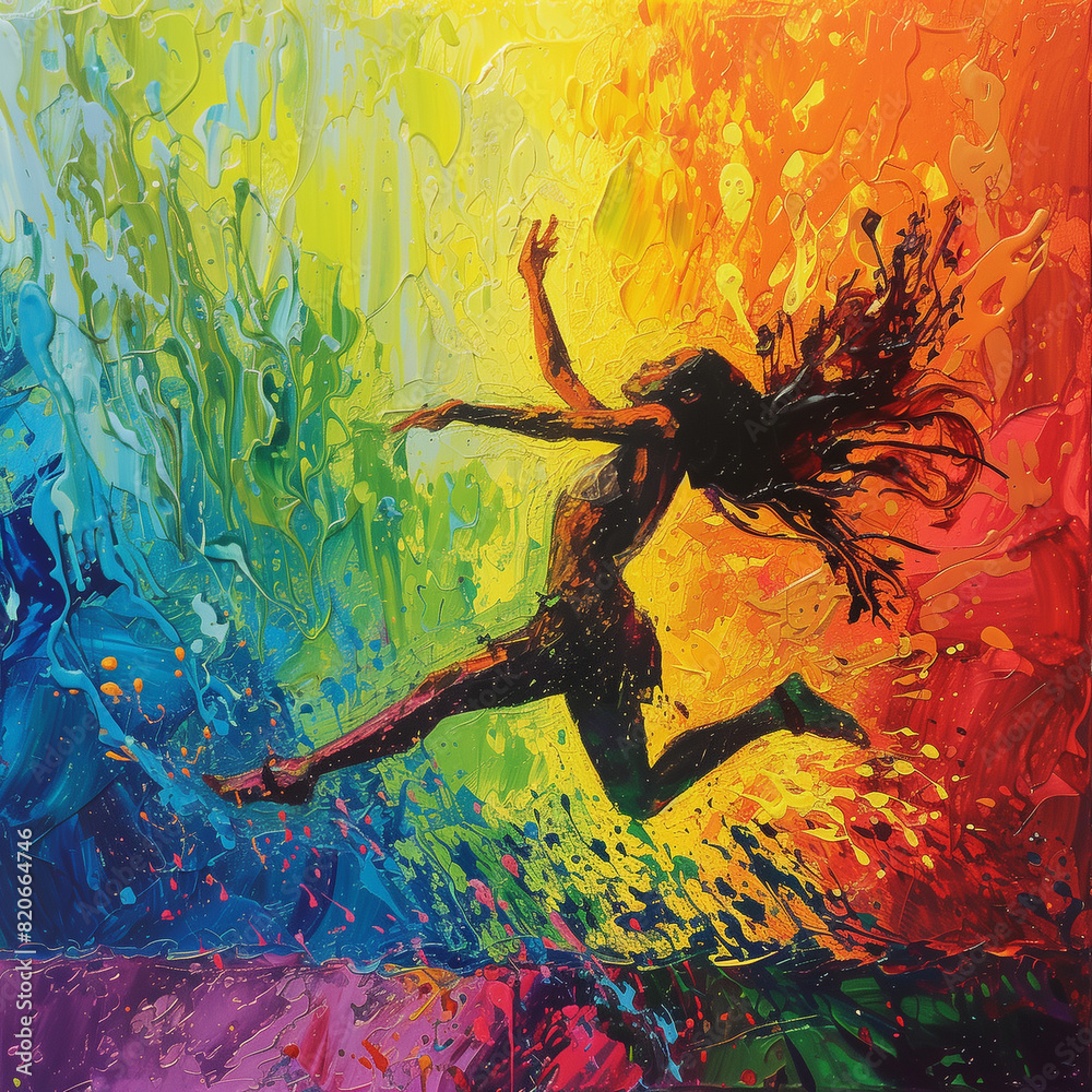 An abstract painting depicting a vibrant explosion of colors and a ...