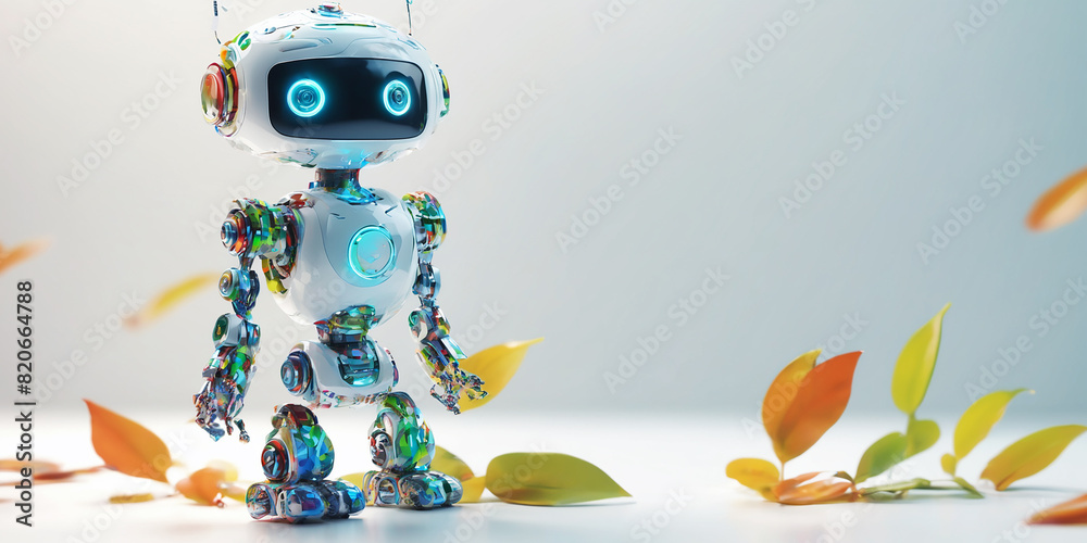 Cute AI robot with eco leaves 3d illustration, cyborg with mechanisms ...