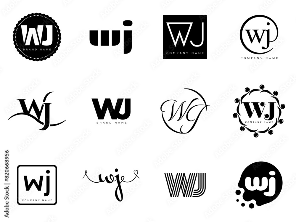 WJ logo company template. Letter w and j logotype. Set different classic serif lettering and ...