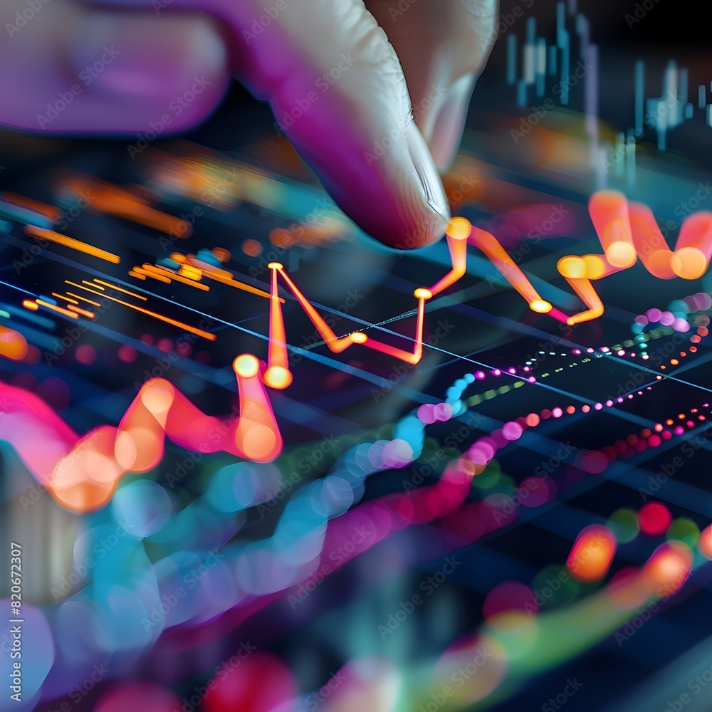 Closeup of business person s fingertip tracing a downward graph ...