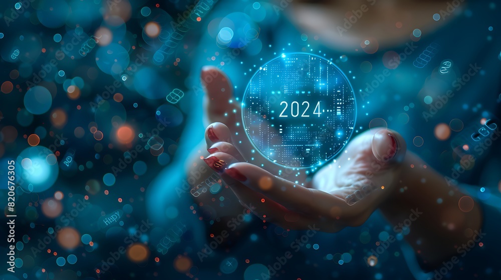 Hand holding virtual digital icon of number "2024" with technology ...