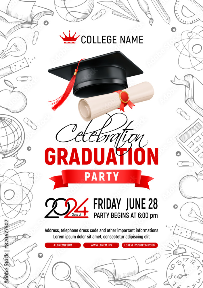 Graduation party degree ceremony poster template, 3d realistic academic ...