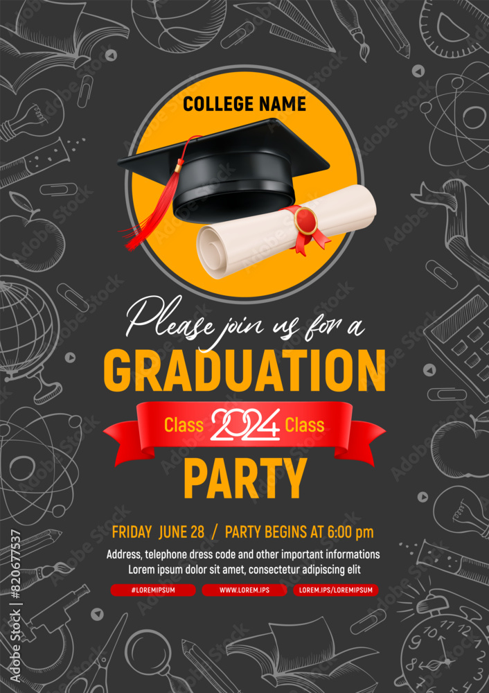 Graduation party degree ceremony poster template, 3d realistic academic ...
