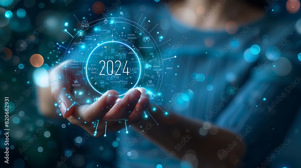 Hand holding virtual digital icon of number "2024" with technology ...