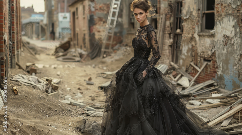Elegant woman in black dress stands amidst urban decay, a striking ...