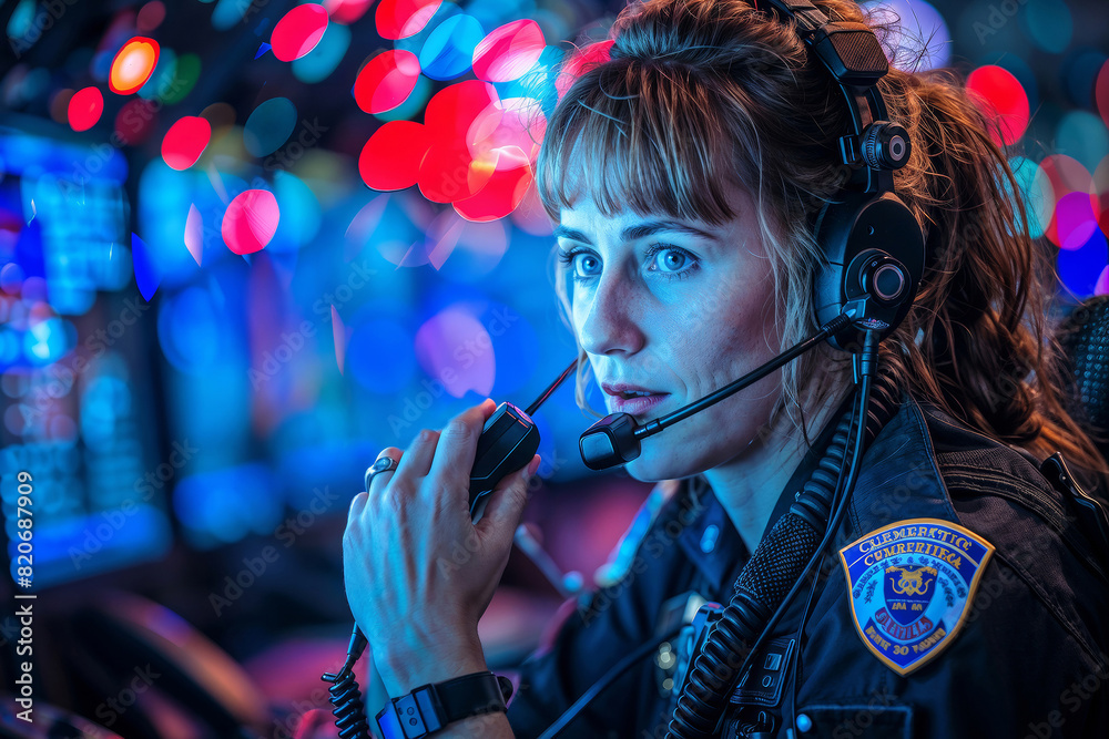 Female 911 operator on phone handling emergency calls in busy police ...