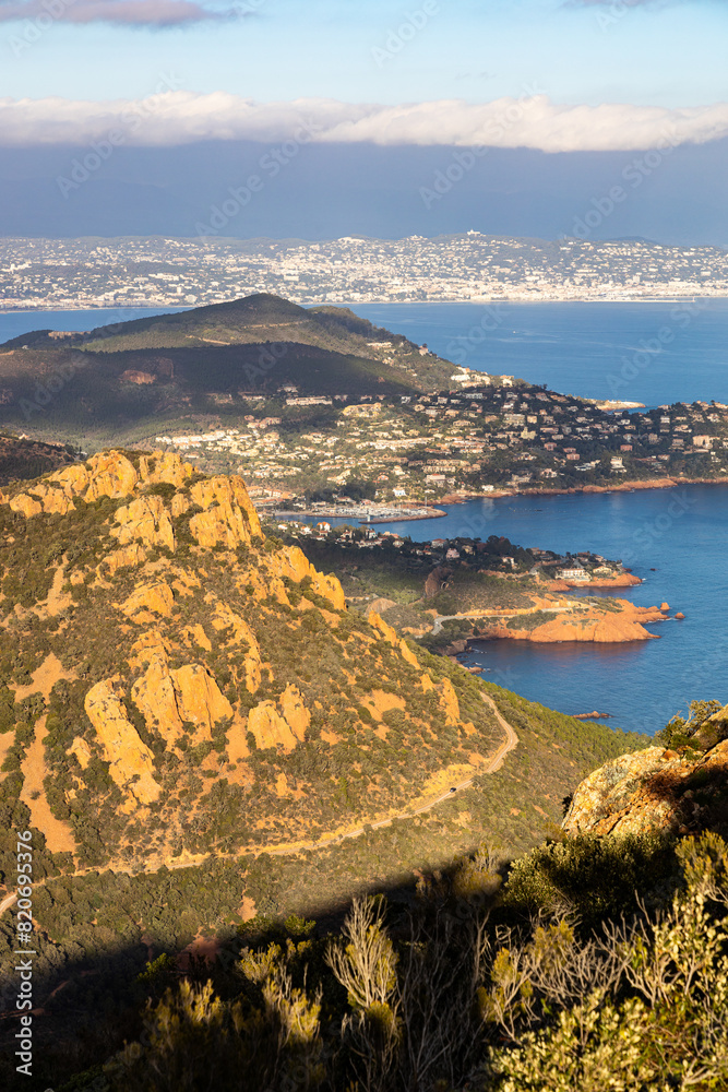 Evening view from Massif de 'Esterel mountains to Cannes. Coastline of ...