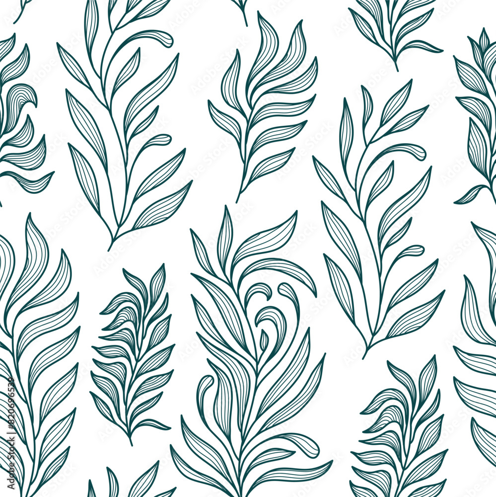 Vector seamless leaf pattern, foliage, plant line leaves, green on ...
