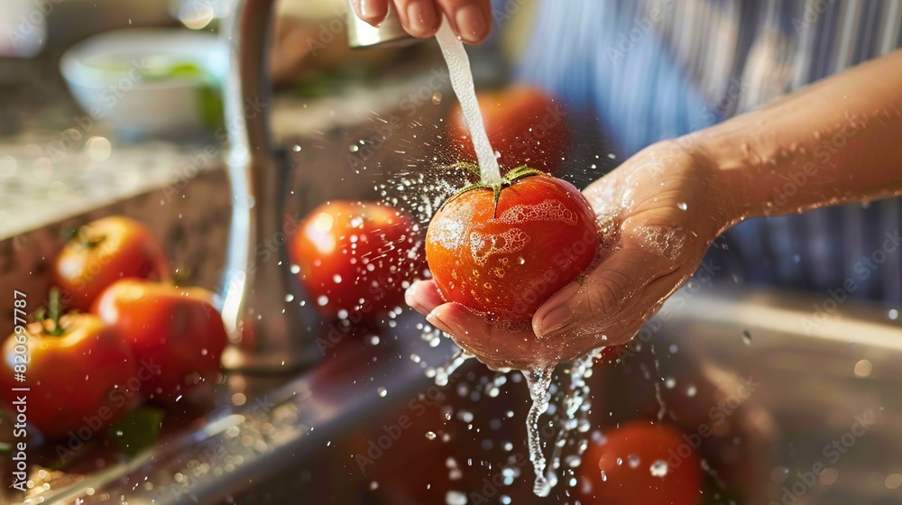 The young female wears a striped jumper as she washes tomatoes in the ...