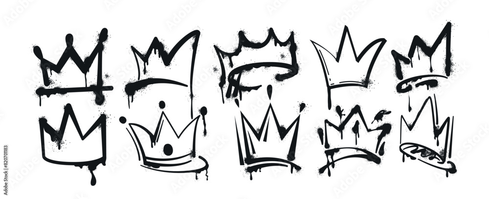 Vector spray paint graffiti crowns set. Black painted ink king, queen ...