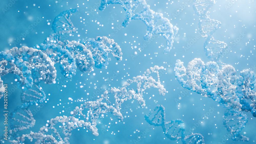 3D render of DNA strands with light particles. Scientific concept of ...