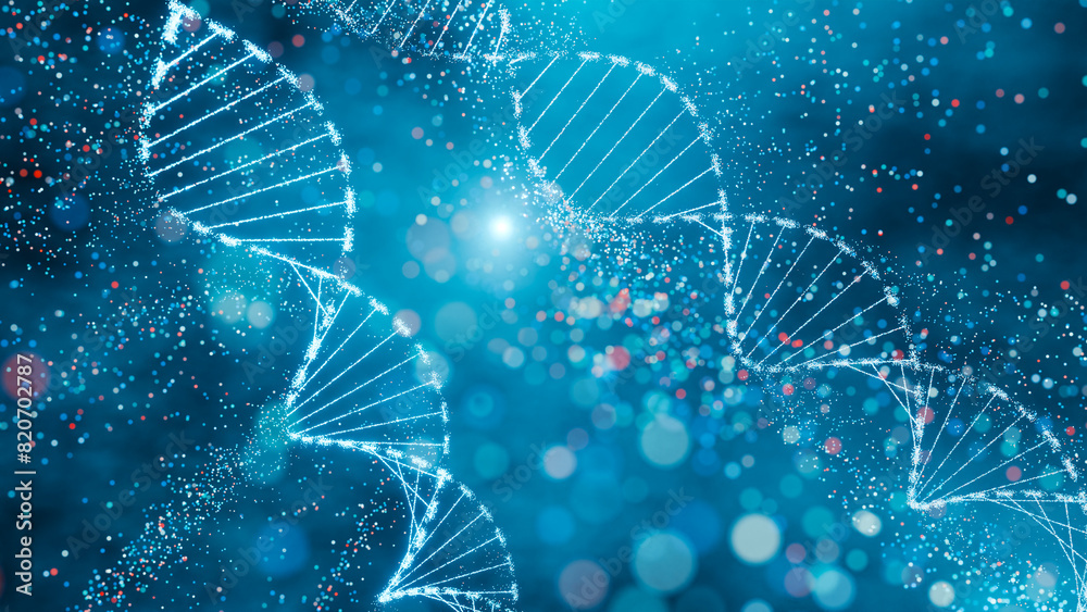DNA double helix with sparkling nodes in a dynamic blue environment ...